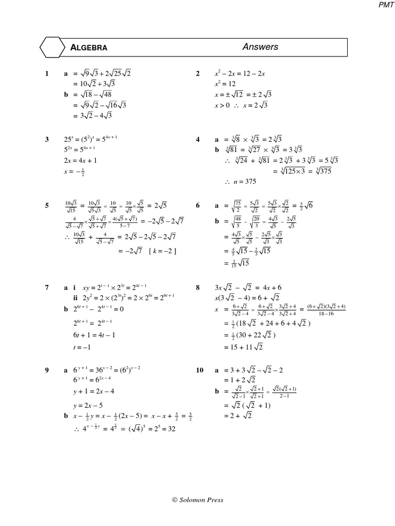 Algebra Answers: Surds & Indices | PDF | Mathematics | Algebra