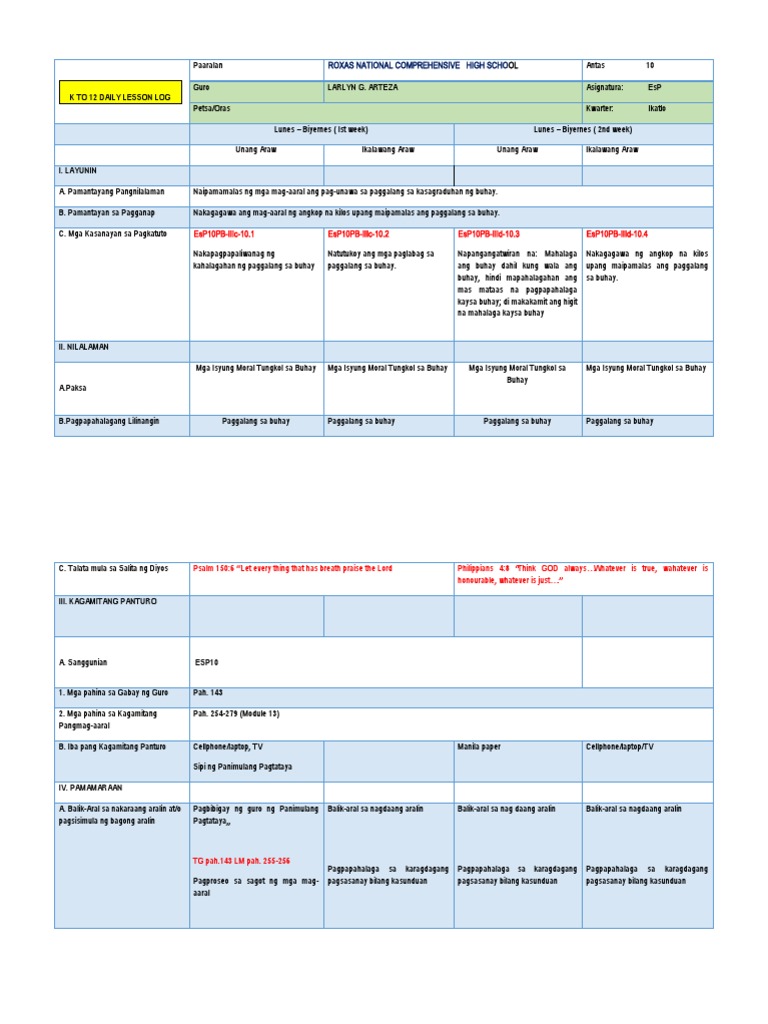 DLL Edukasyon Sa Pagpapakatao Grade10 Quarter3 Week2 (Palawan Division ...