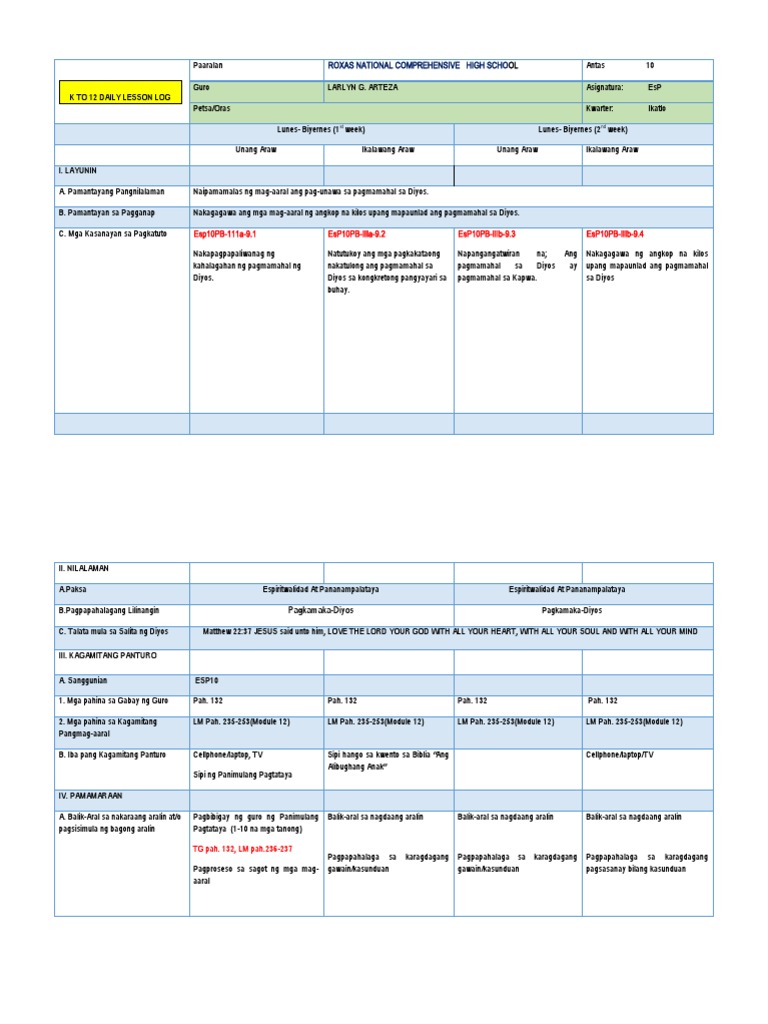 DLL Edukasyon Sa Pagpapakatao Grade10 Quarter3 Week1 (Palawan Division ...