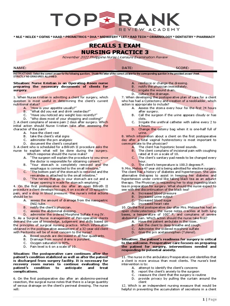 Recalls 1 Exam Nursing Practice 3: Name: Date: SCORE | PDF | Surgery | Vasodilation