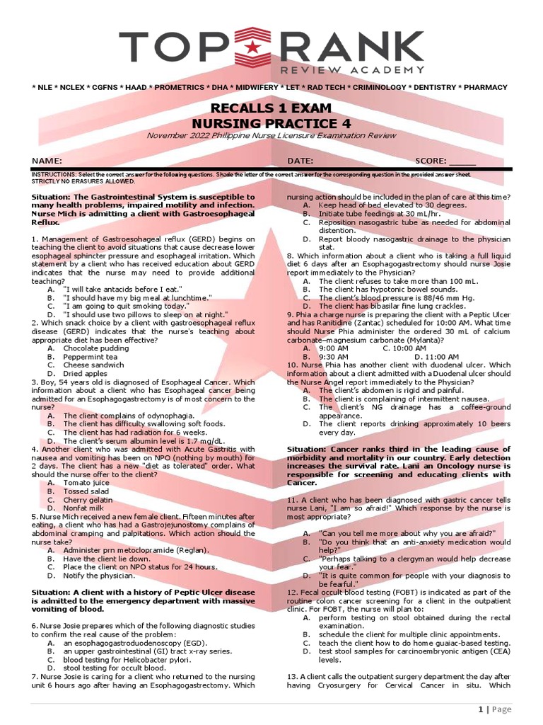 Recalls 1 Exam Nursing Practice 4: Name: Date: SCORE | PDF | Gastroesophageal Reflux Disease ...