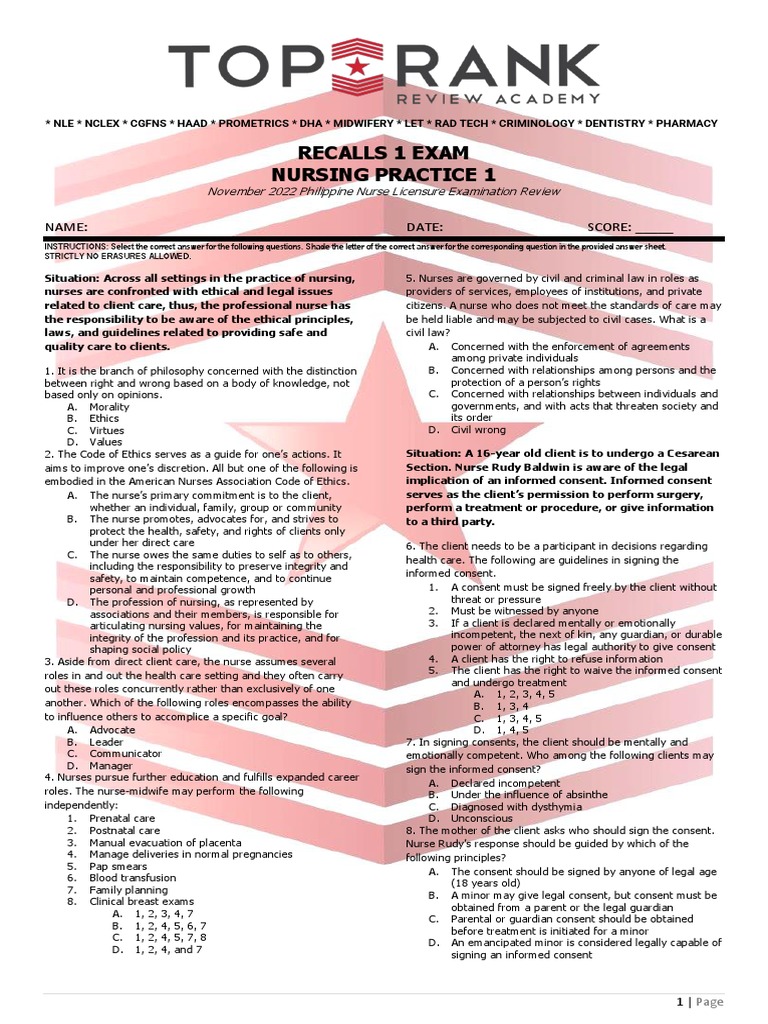 Recalls 1 Exam Nursing Practice 1: Name: Date: SCORE | PDF | Informed ...