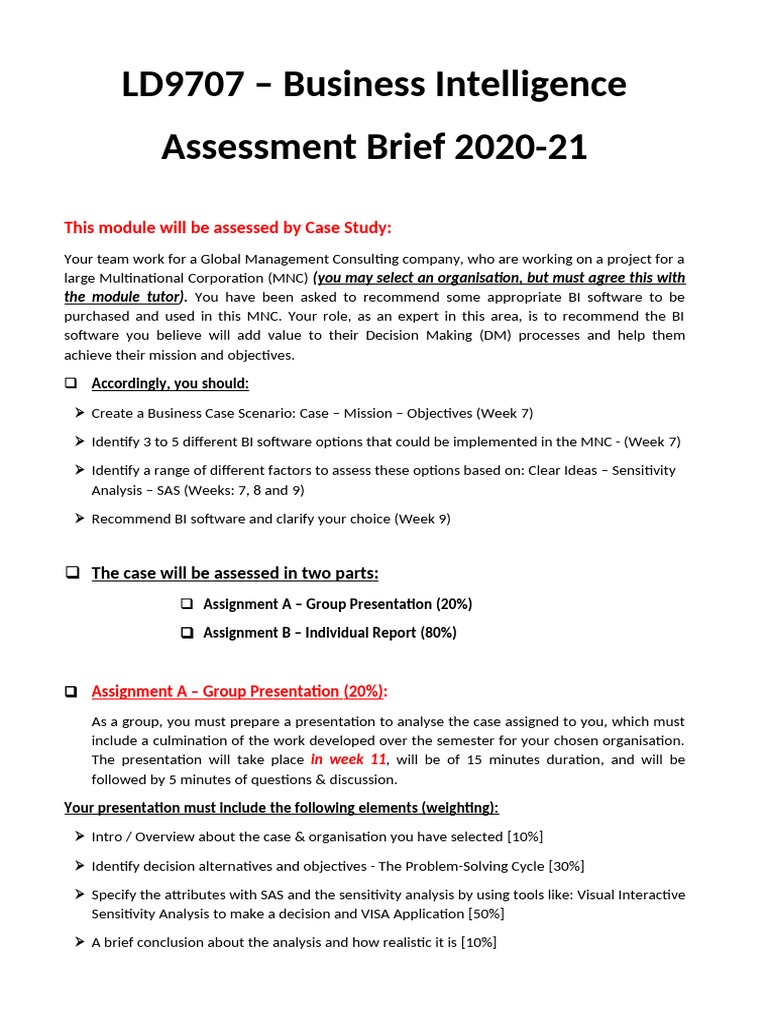 LD9707 - Business Intelligence Assessment Brief 2020-21: This Module Will Be Assessed by Case ...