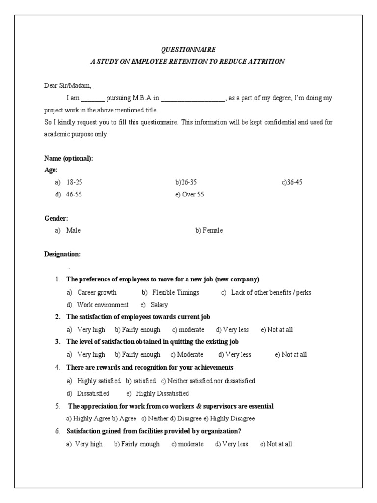 Questionnaire A Study On Employee Retention To Reduce Attrition ...