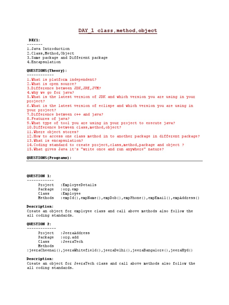 Day 1 Class Method Object Pdf Java Programming Language Computer Science