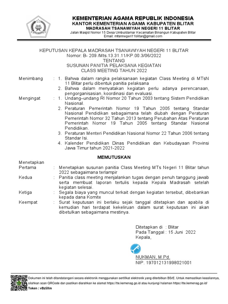 Susunan Panitia Pelaksana Kegiatan Class Meeting | PDF