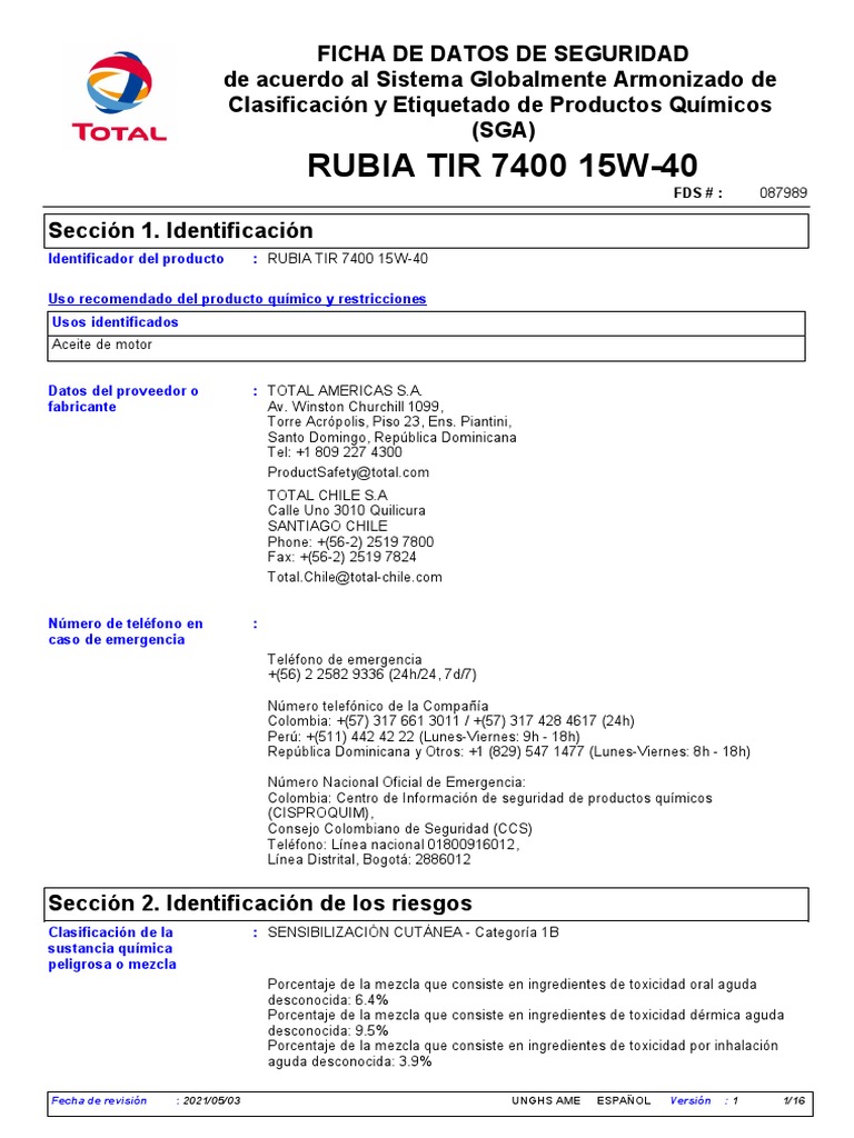 SDS - TOTAL - Rubia - Tir 7400 15w-40 | PDF | Agua | Contaminación