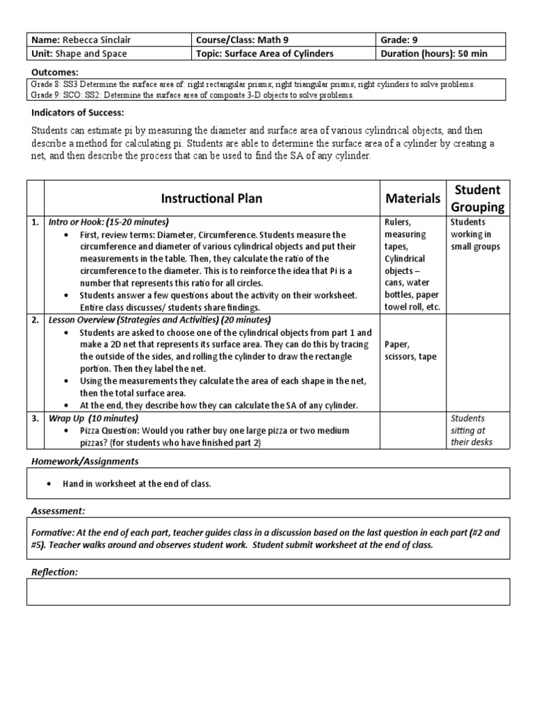 Lesson Plan - Calculating Pi, Area of Cylinders | Download Free PDF | Area | Pi