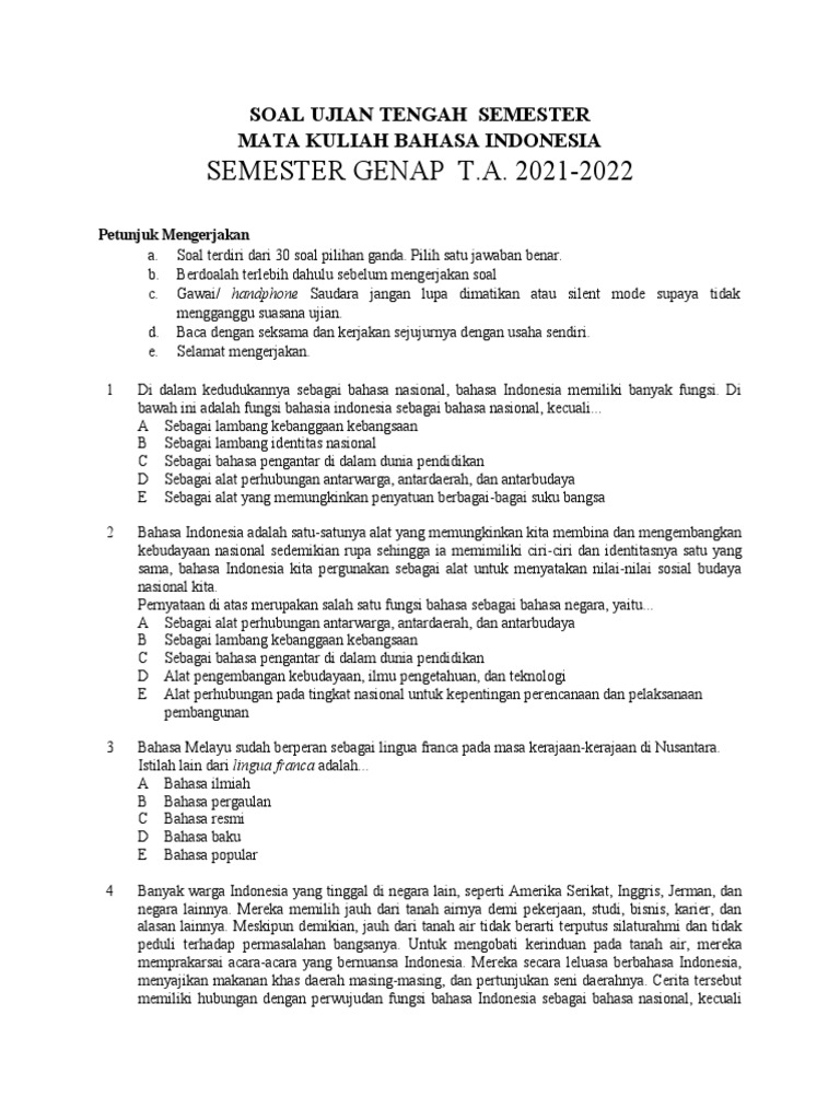 Soal Ujian Tengah Semester Mata Kuliah Bahasa Indonesia | PDF