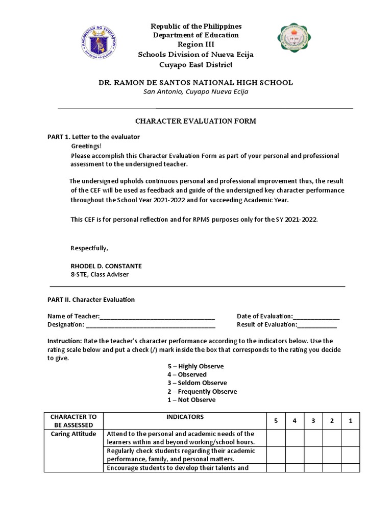 Character Evaluation Form | PDF | Evaluation | Teachers