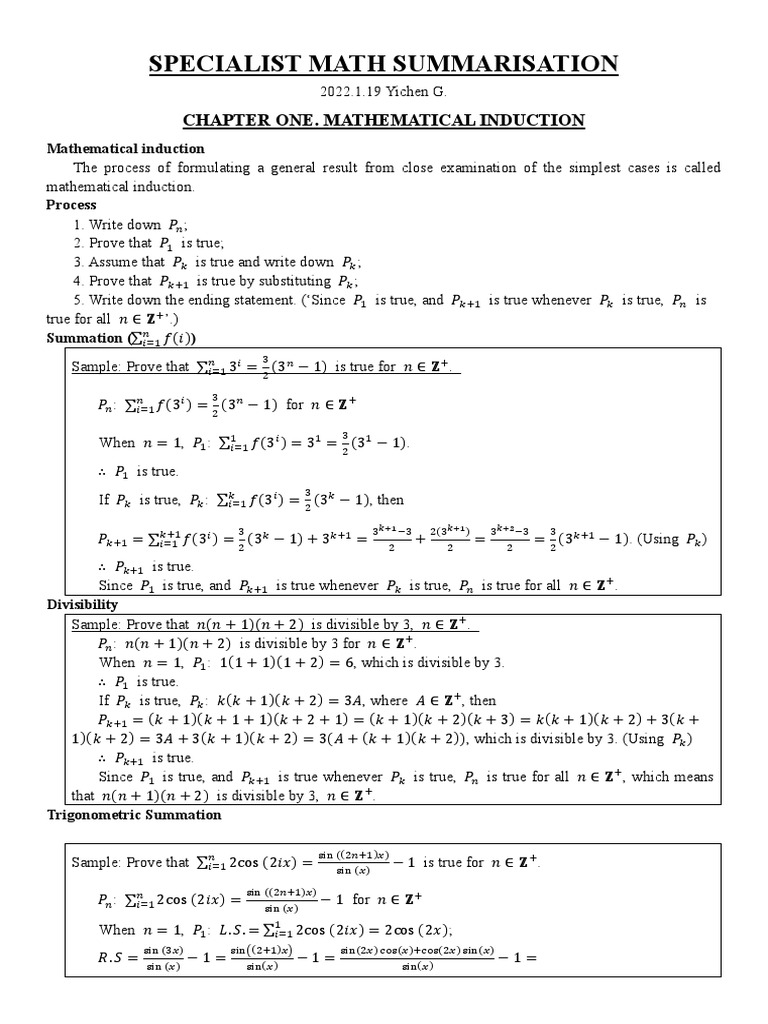 Specialist Math Summarisation: Chapter One. Mathematical Induction ...