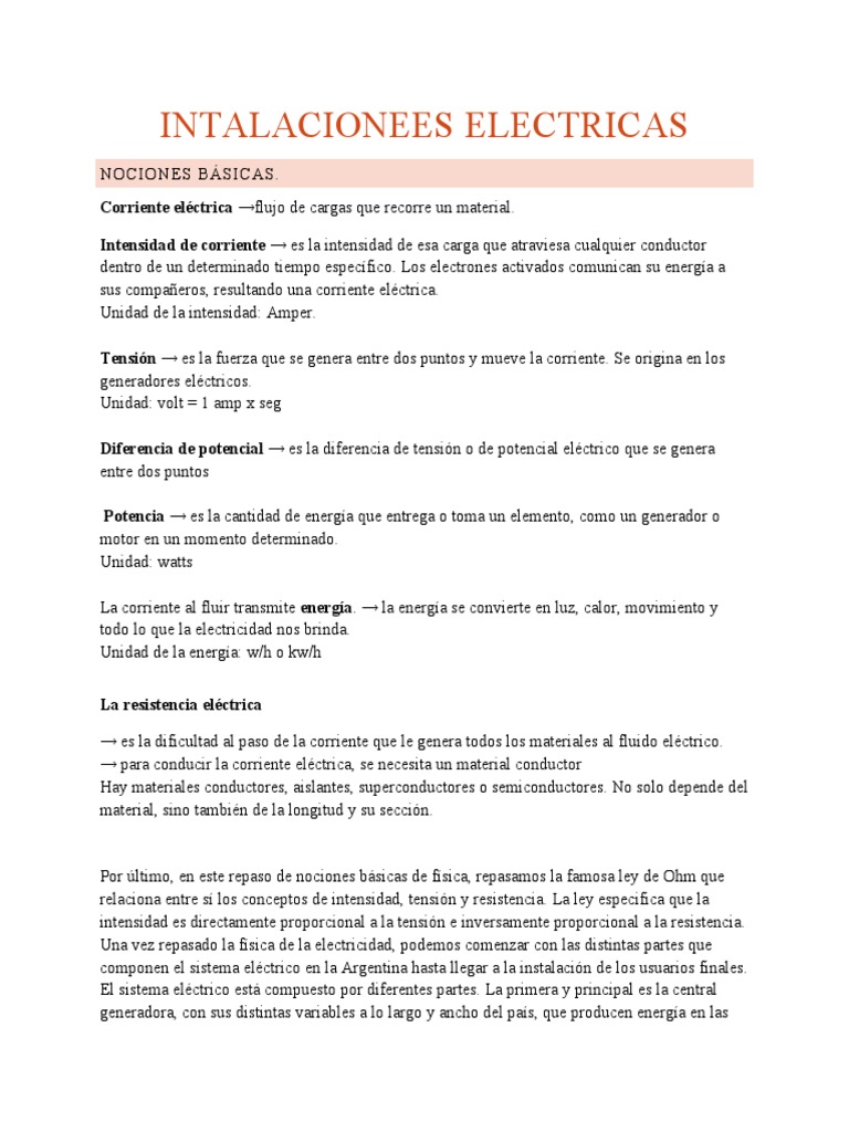 Resumen Instalacion Electrica I1 Roscardi | PDF | Corriente eléctrica | Electricidad