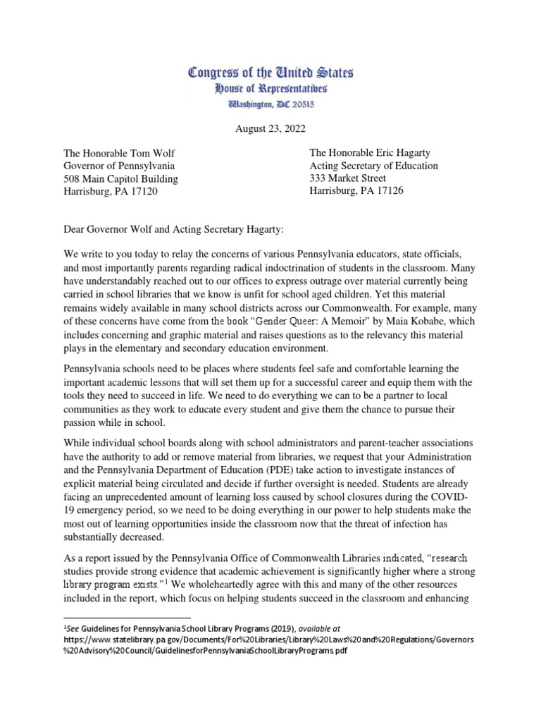 8.23.22 PA School Libraries Letter | PDF | Libraries | Schools