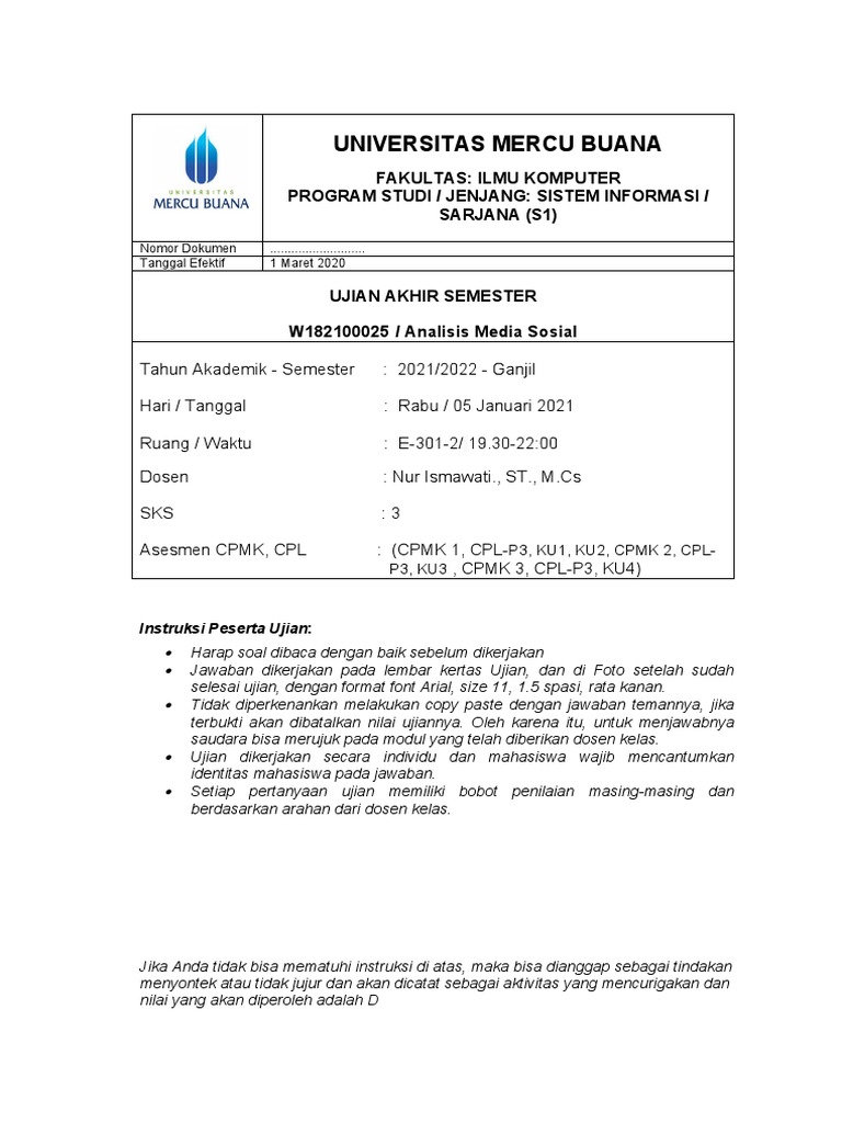 Soal UAS Analisis Media Sosial - Reg 2 | PDF