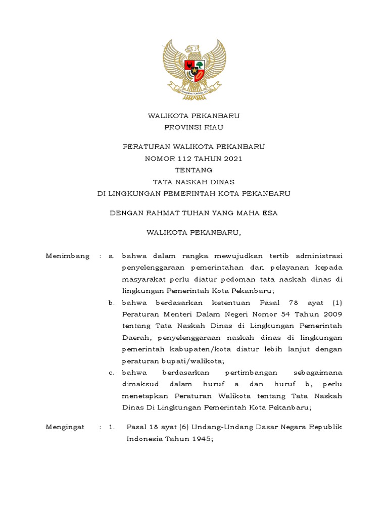 Perwako No. 112 Tahun 2021 Tentang Tata Naskah Dinas Dilingkungan Pemko Pekanbaru | PDF