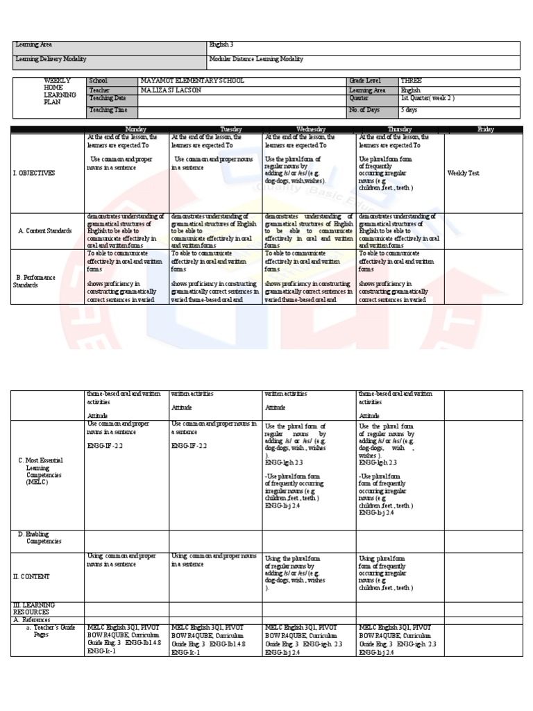 Le English 3 Ist Quarter Week 2 | PDF | English Language | Plural