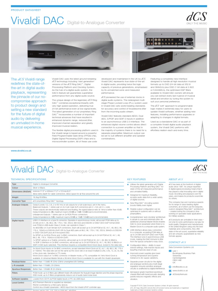 DCS Vivaldi DAC v2 0 Datasheet | PDF | Digital To Analog Converter | Usb