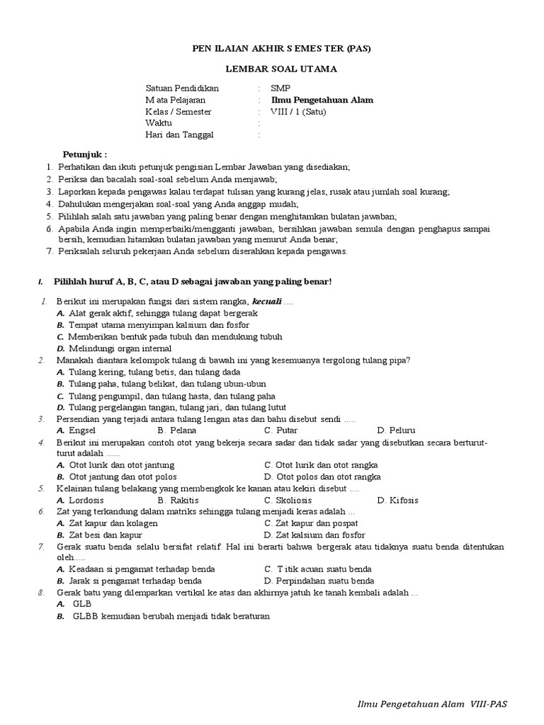 Soal PAS IPA Kls 8 - K-13 | PDF | Sains & Matematika