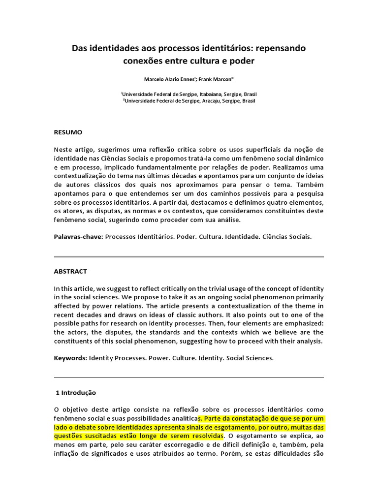 Das Identidades Aos Processos Identitários Repensando Conexões Entre Cultura e Poder - Marcelo ...