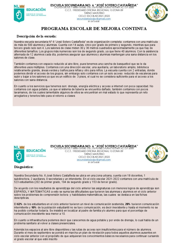 Programa Escolar de Mejora Continua 2021-2022 | PDF | Método de ...