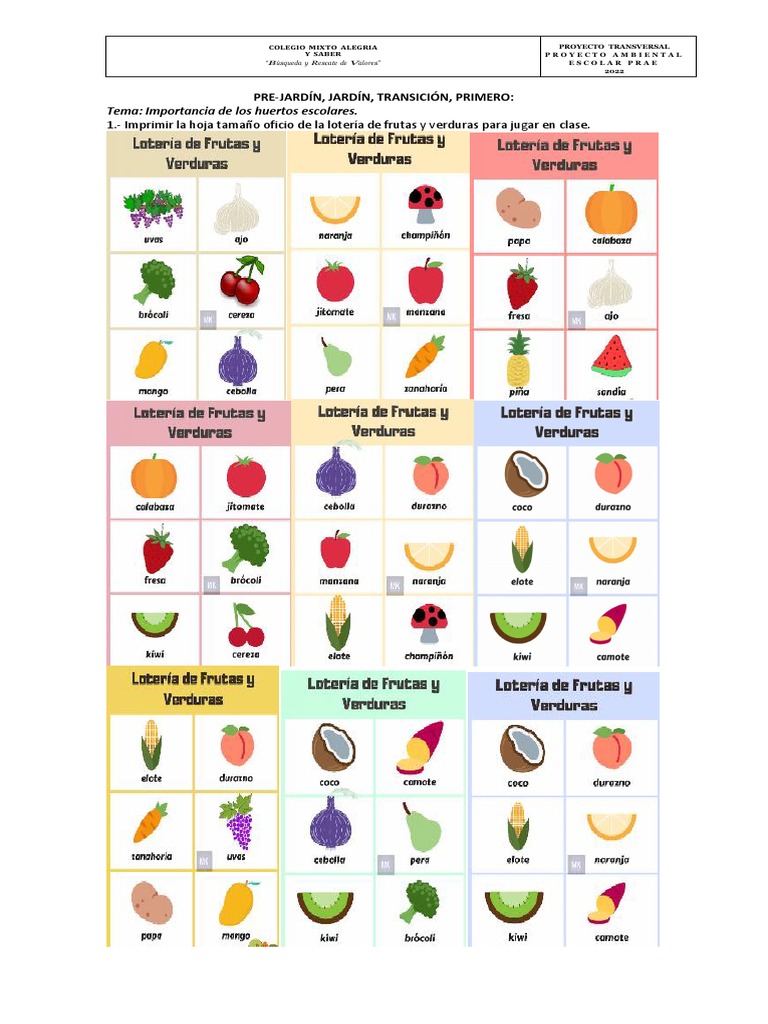 Lotería de Frutas y Verduras para Imprimir | PDF