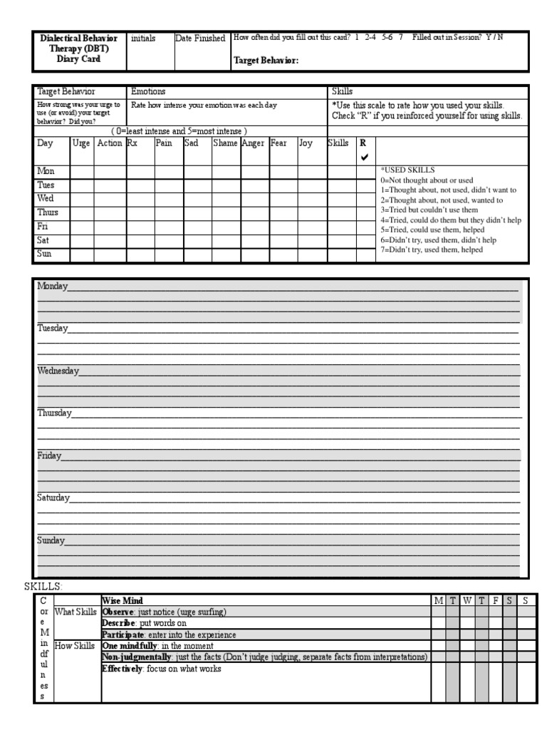 Diary Card Sample 05 | PDF | Emotions | Dialectical Behavior Therapy