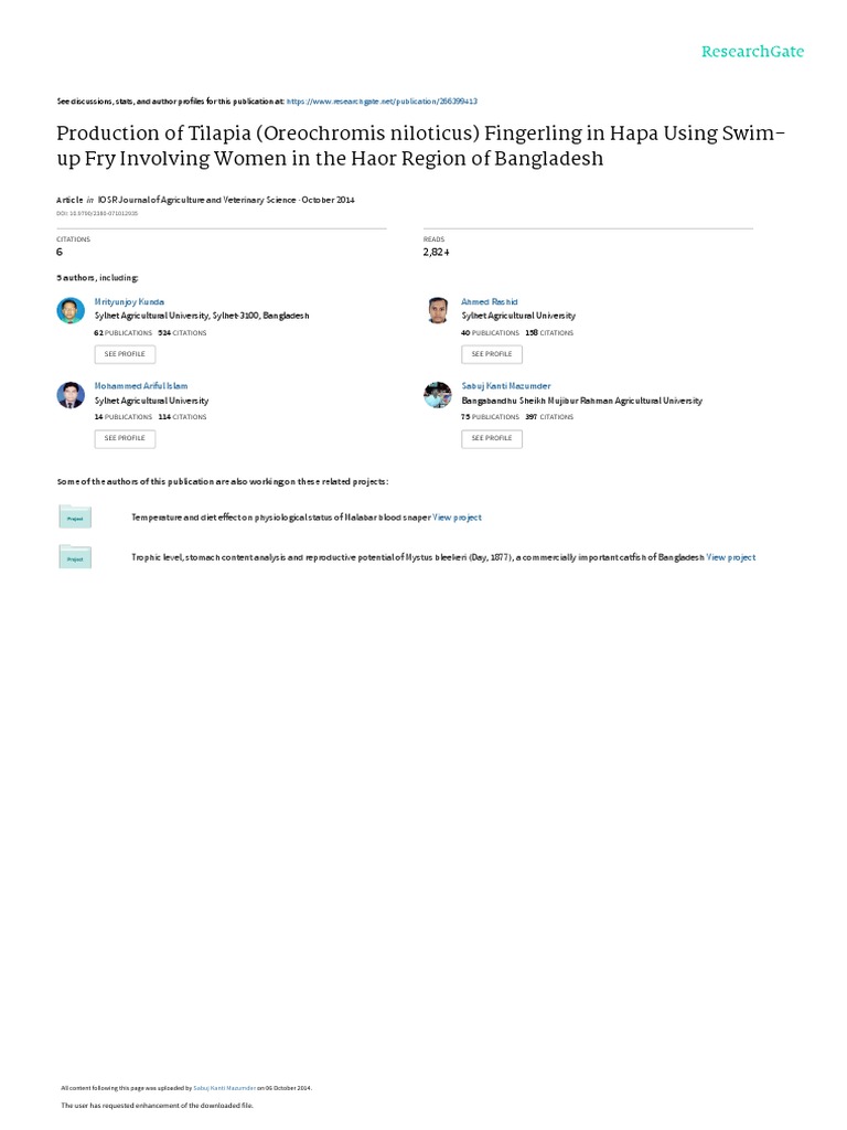 Production of Tilapia (Oreochromis Niloticus) Fingerling in Hapa Using ...