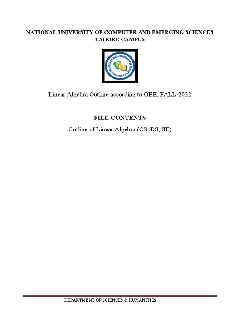Outline for Linear Algebra Course at National University of Computer and Emerging Sciences ...