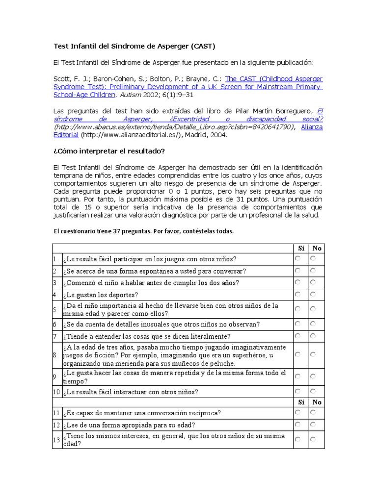 Test Infantil Del Síndrome de Asperger CAST | PDF | Síndrome de Asperger