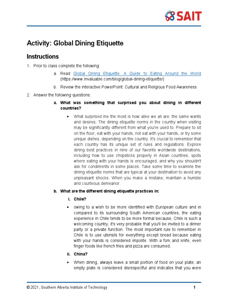 Activity - Global Dining Etiquette | PDF | Restaurants | Meal