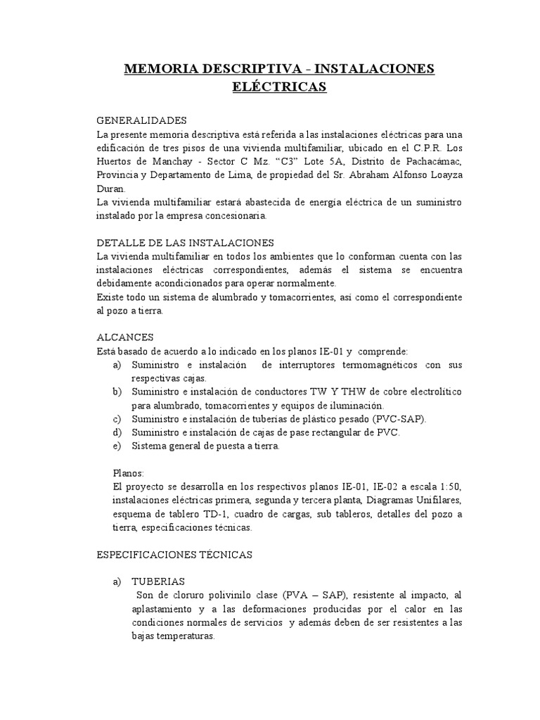 Memoria Descriptiva Electrica | PDF | Cobre | Materiales