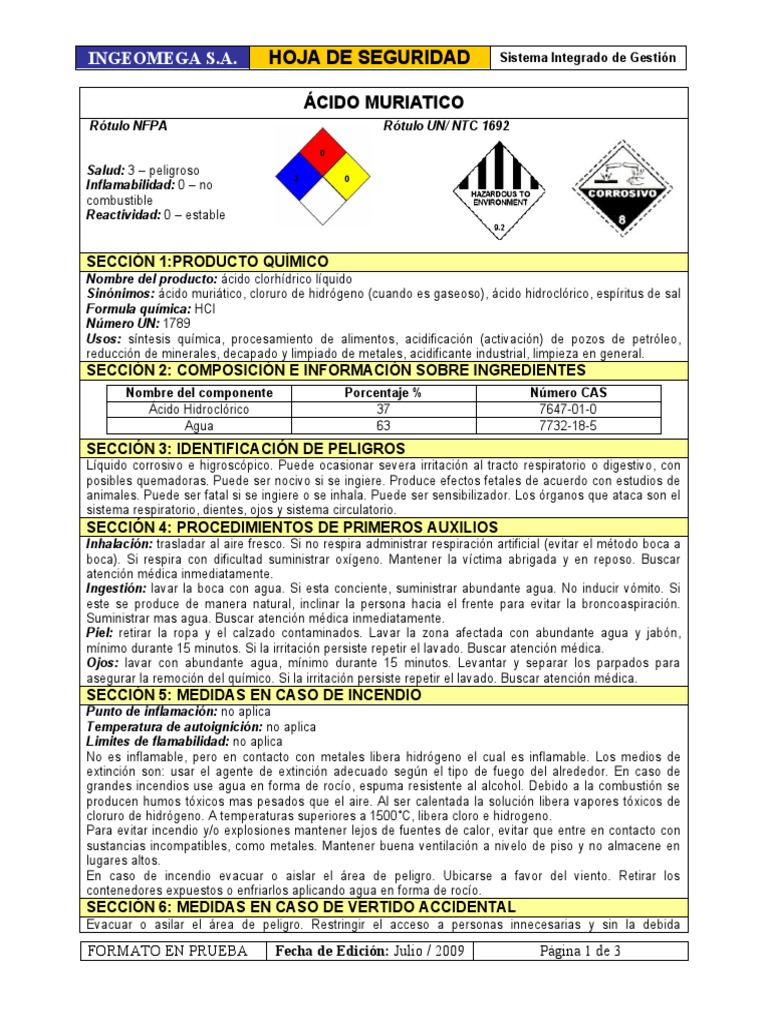 Hoja De Seguridad ácido Muriático Pdf ácido Clorhídrico Agua