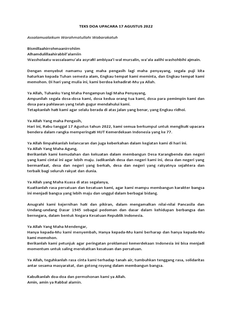 Teks Doa Upacara 17 Agustus 2022 | PDF