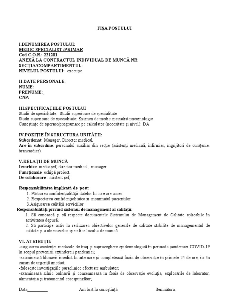 Fisa Post Medic Specialist | PDF