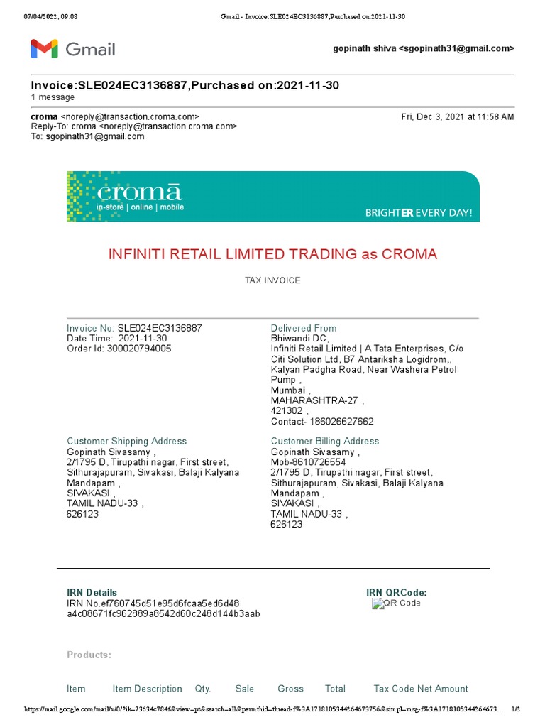 Croma Invoice SLE024EC3136887 Details | PDF | Market (Economics ...
