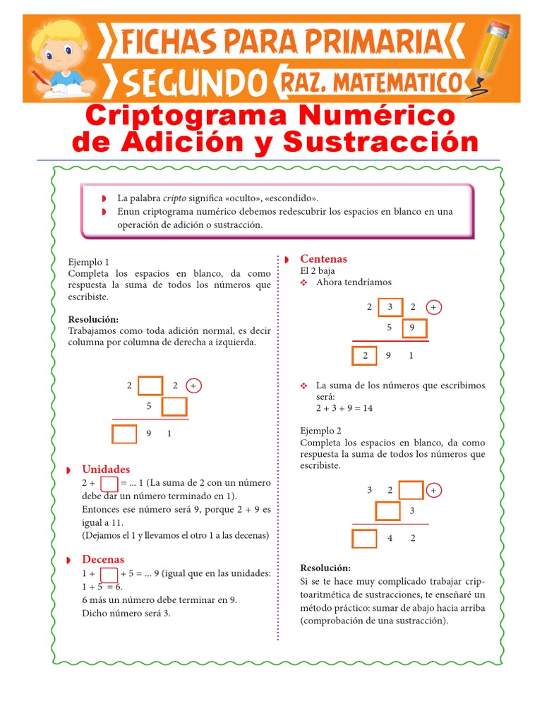 Criptograma de Adición y Sustracción para Segundo de Primaria | PDF | Sustracción | Matemáticas