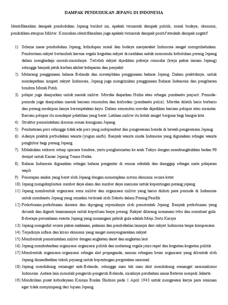 Soal Dampak Pendudukan Jepang Di Indonesia | PDF