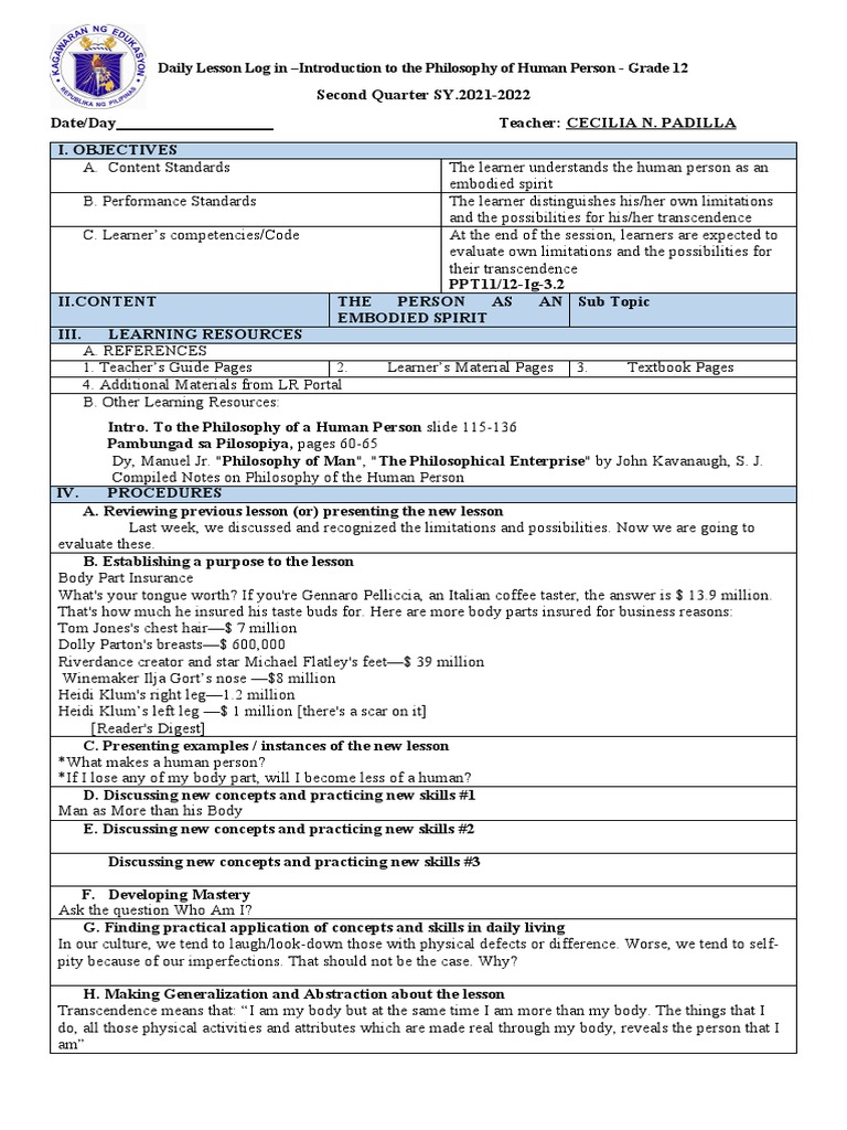Daily Lesson Log in Introduction To The Philosophy of Human Person ...