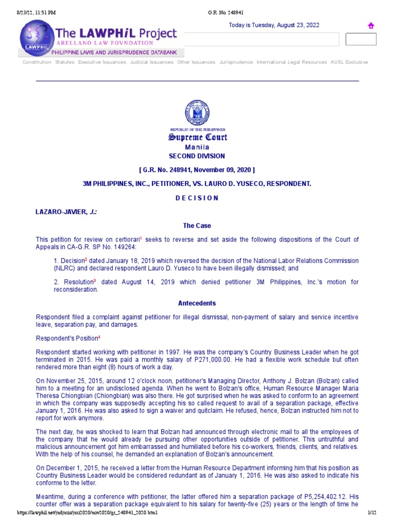 Illegal Dismissal Case: 3M vs. Yuseco | PDF | Layoff | Employment