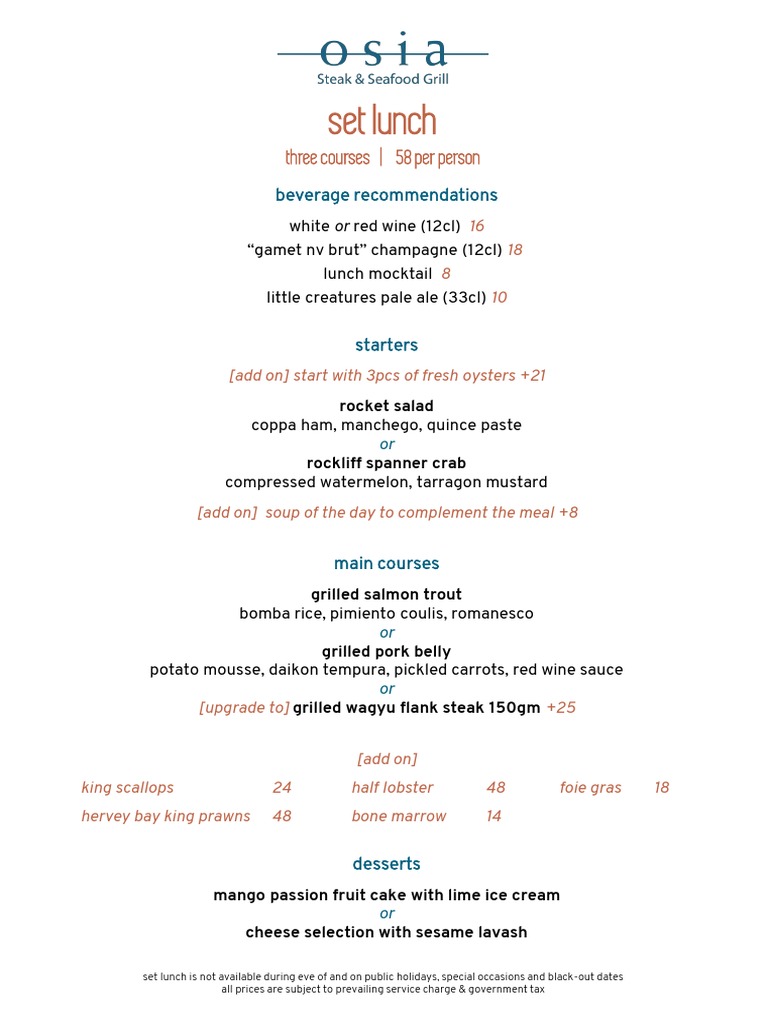 Set Lunch: Three Courses - 58 Per Person | PDF | Western Cuisine ...