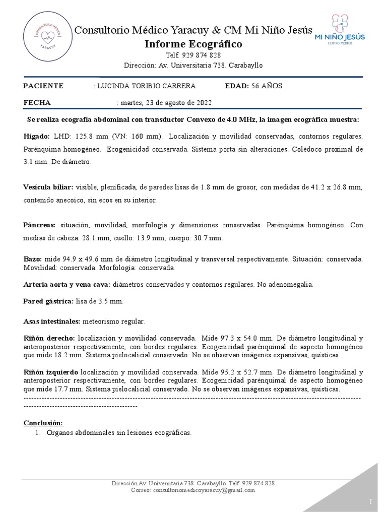 Informe Ecográfico Abdominal Completo | PDF | Abdomen | Ultrasonido médico