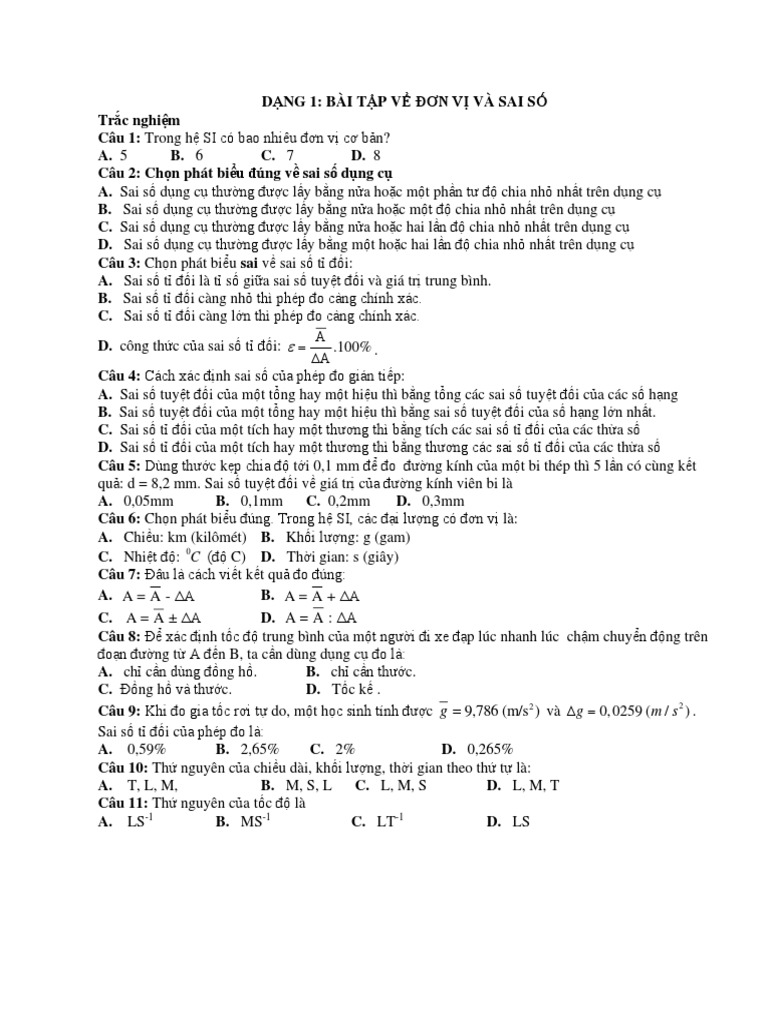 Bai Tap Vat Li 10 Sai So Cua Phep Do Cac Dai Luong Vat Li | PDF