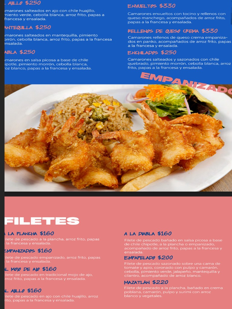 Menú de Mariscos y Pescados Variados | PDF | ensalada | filete