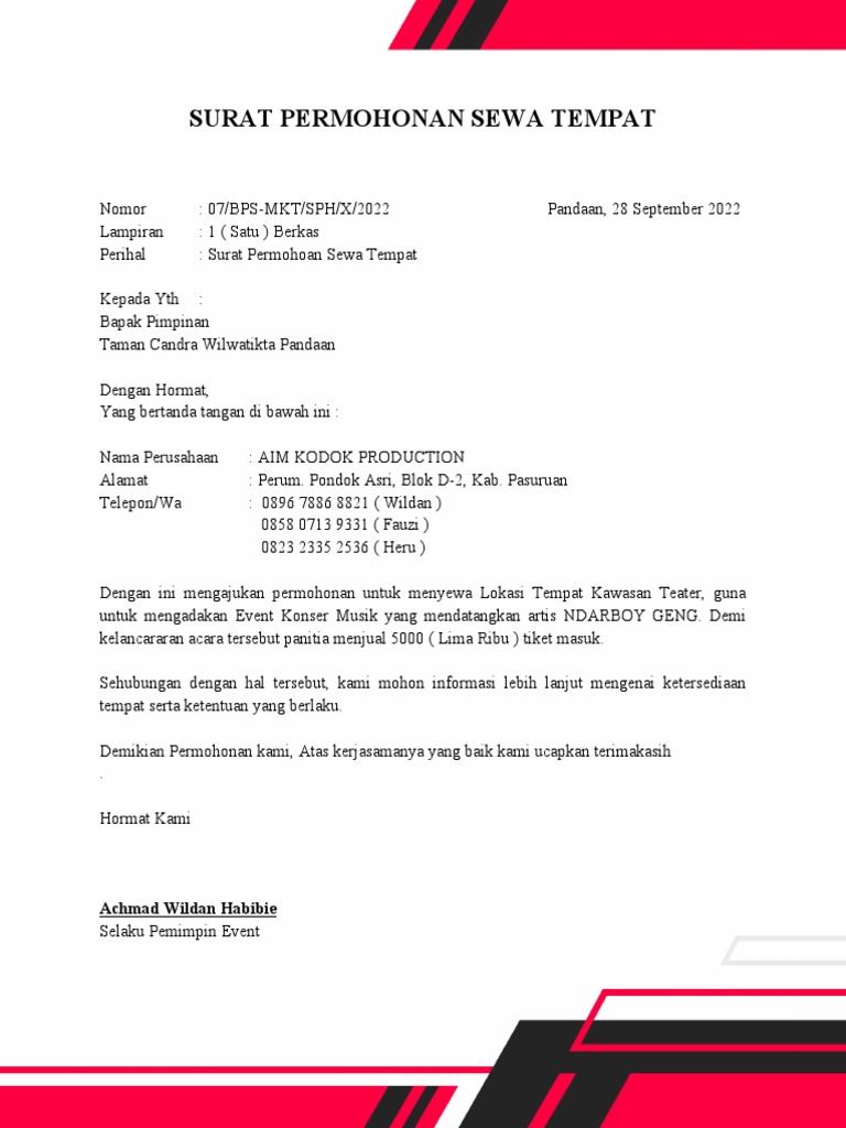 Surat Permohonan Sewa Tempat | PDF Surat Permohonan Sewa Tempat | PDF