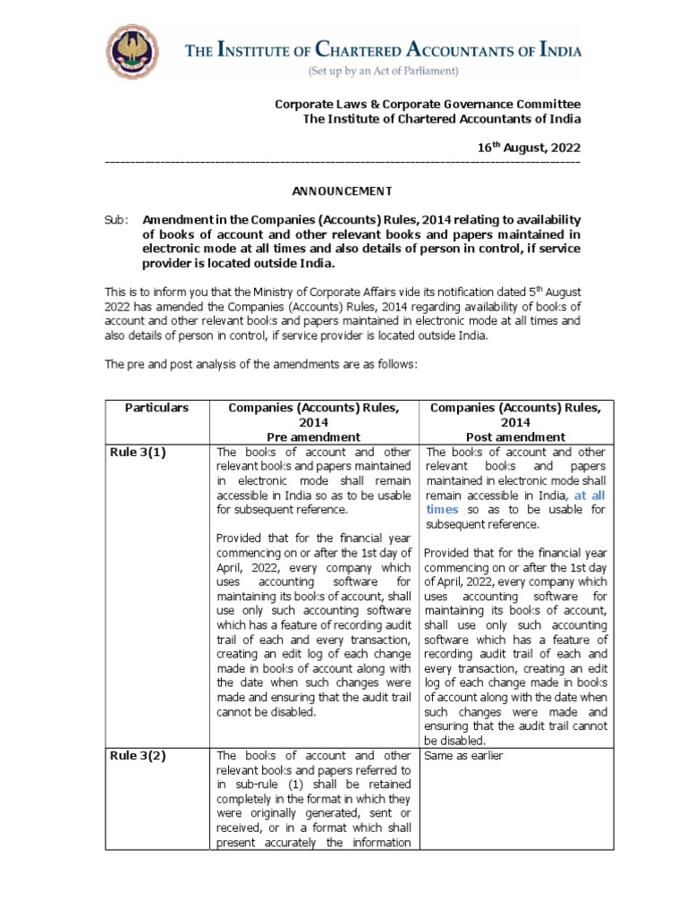 ICAI Clarification on Accounts Rules Amendment | PDF | Records ...
