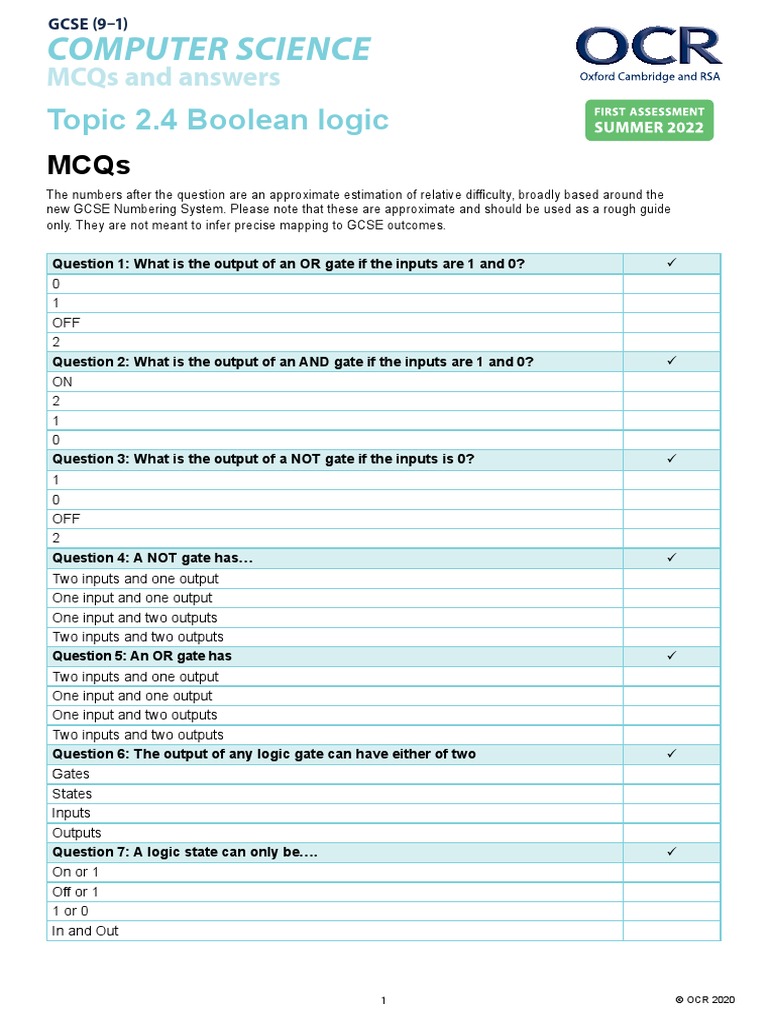 Computer Science: Topic 2.4 Boolean Logic | PDF | Logic Gate | Input/Output