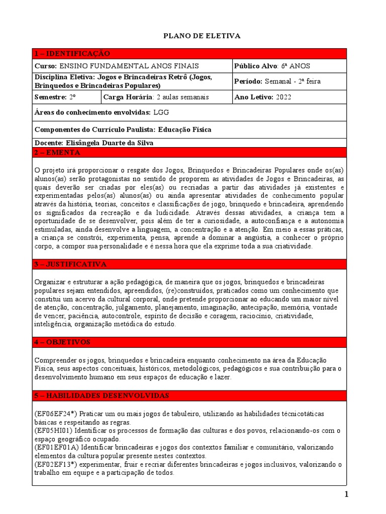 Ementa Eletiva Jogos, Brinquedos e Brincadeiras Retrô. | PDF | Pedagogia | Brinquedos