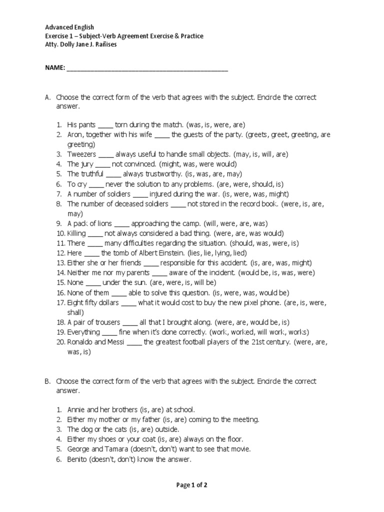 Subject-Verb Agreement Exercise & Practice | PDF Subject-Verb Agreement Exercise & Practice | PDF