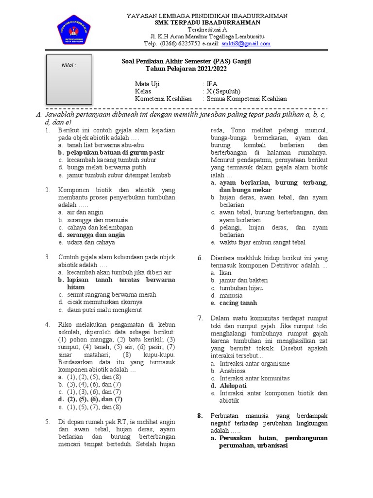 Soal PAS IPA Kelas X SMK Ibaadurrahman | PDF | Sains & Matematika