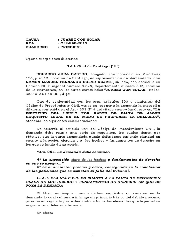 Ejemplo Excepción Dilatoria Ineptitud Del Líbelo | PDF | Demanda ...